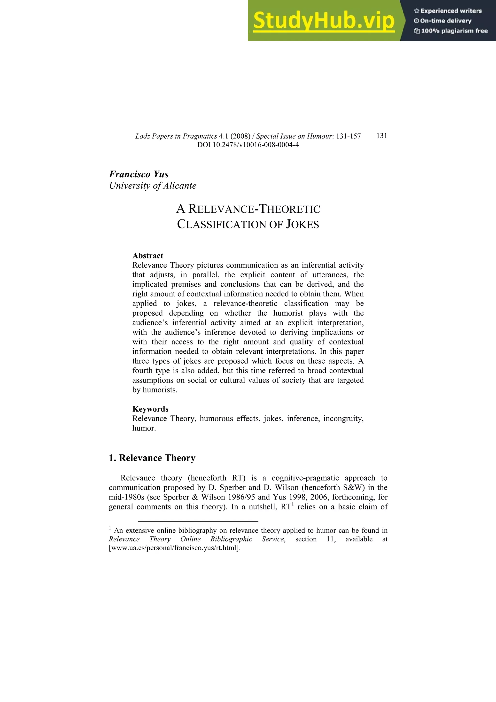 A Relevance-Theoretic Classification Of Jokes | PDF | Pop Culture