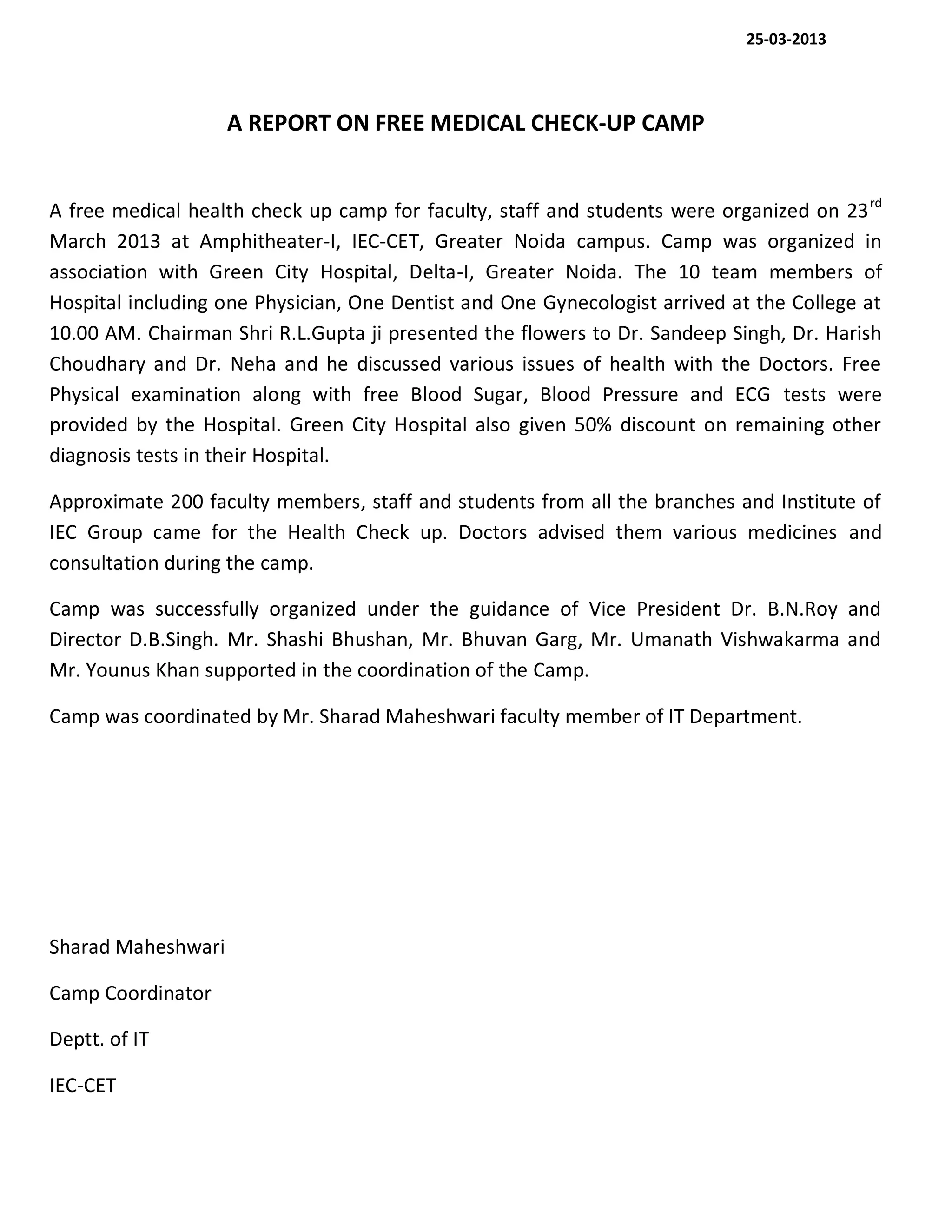 A Report of Free Medical Health Check Up Camp | PDF