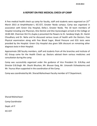 A Report of Free Medical Health Check Up Camp | PDF