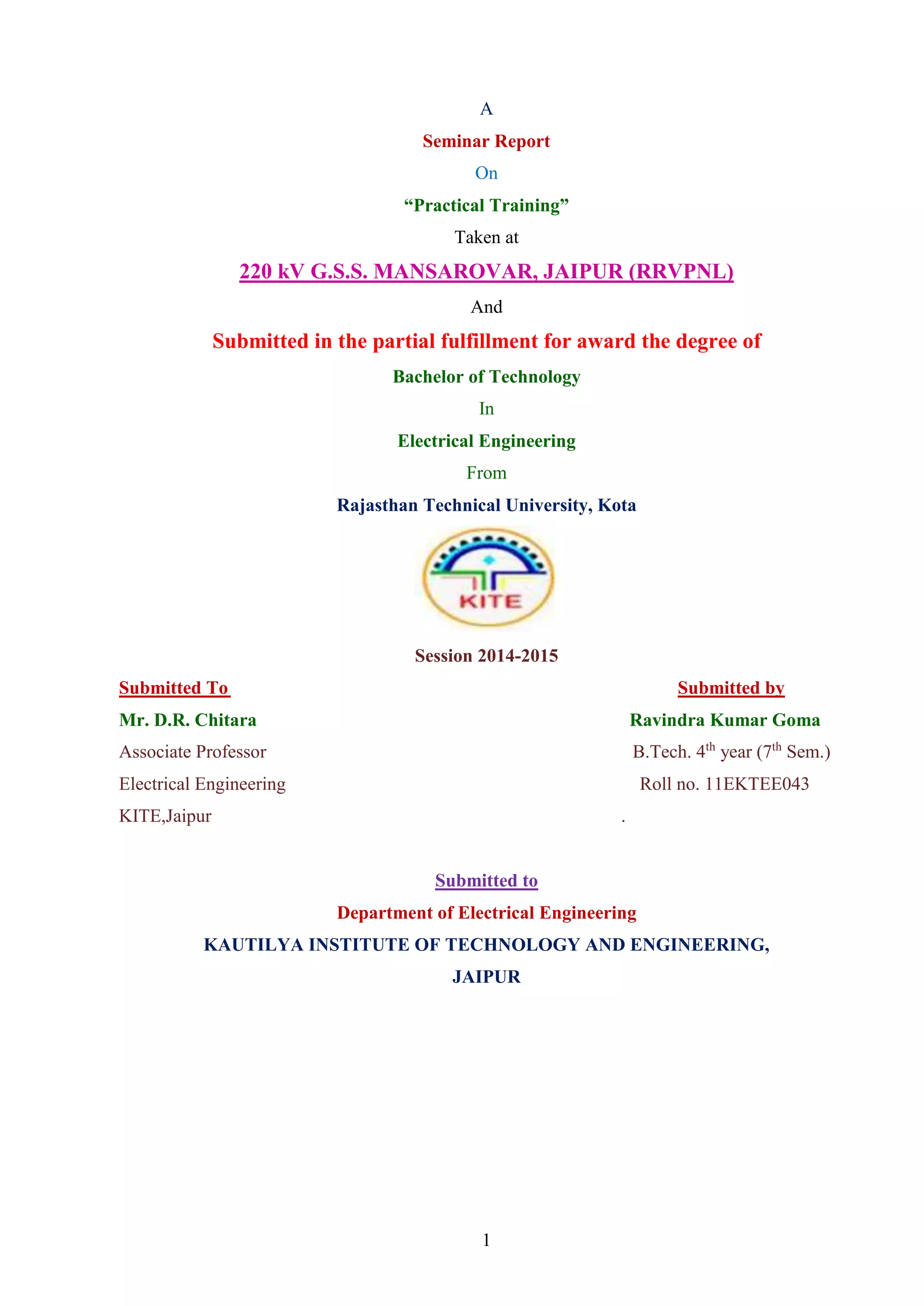 A report on 220 kv gss mansarovar, jaipur by ravindra kumar goma | PDF