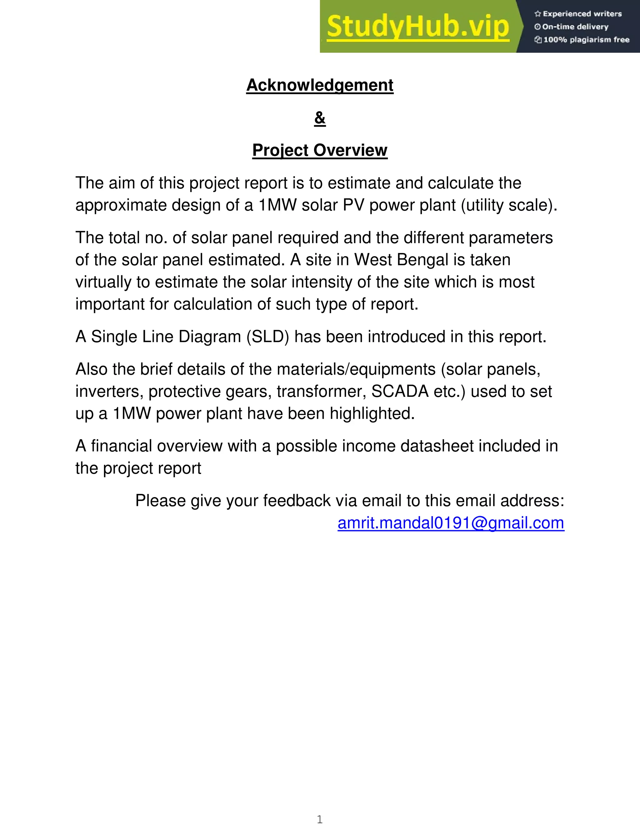 A Report On Design Estimation Of 1MW Solar PV Plant (Utility Scale) | PDF