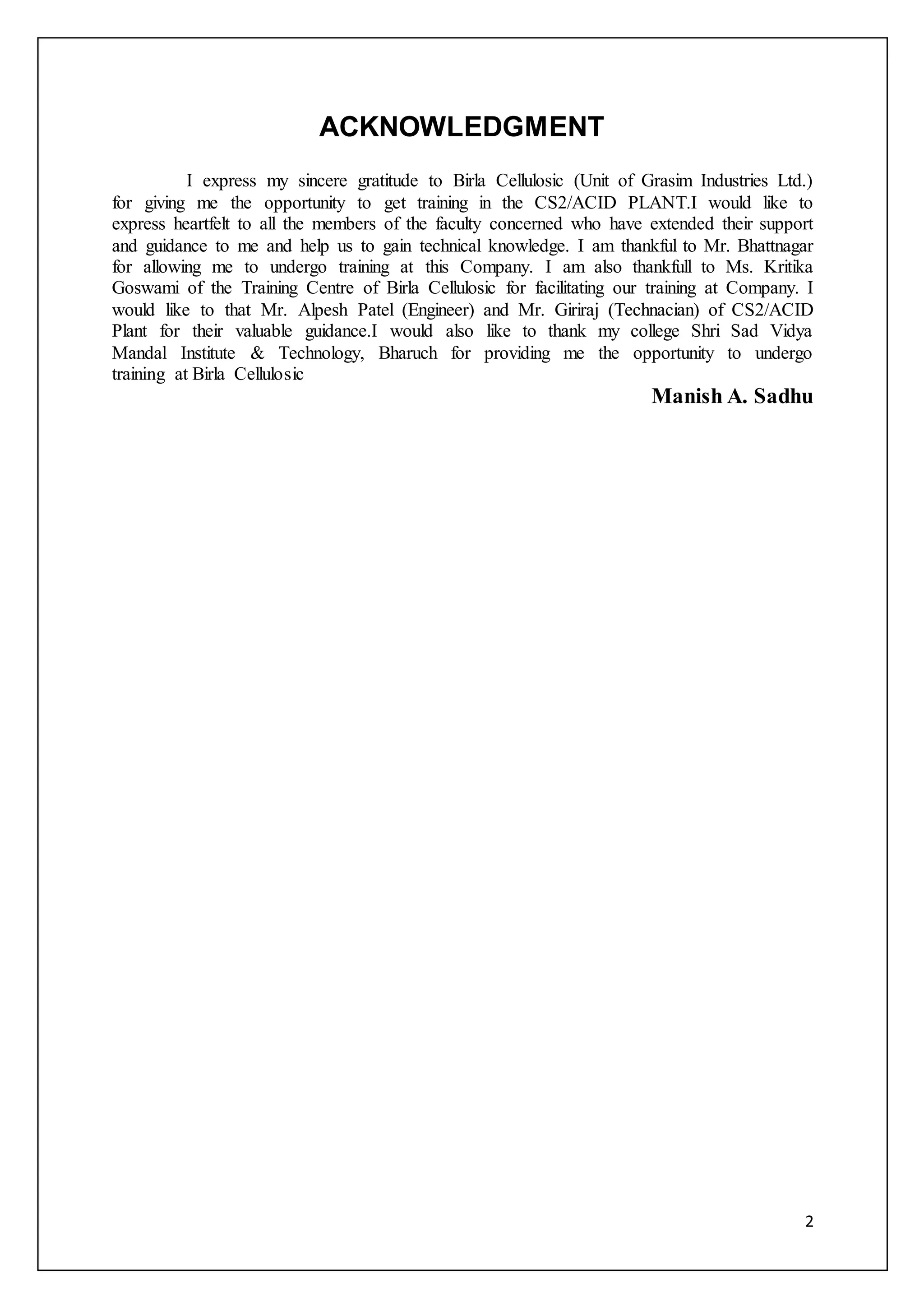 A report on industrial training manish sadhu at birla cellulose,kharach ...