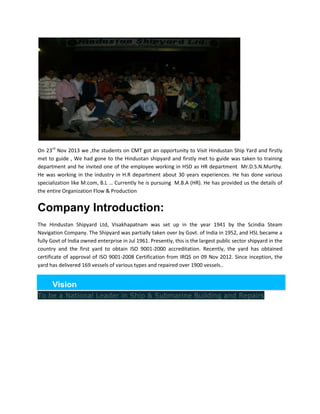 A report on industrial visit to hsl | DOCX