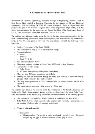 A report on solar power plant visit | DOCX