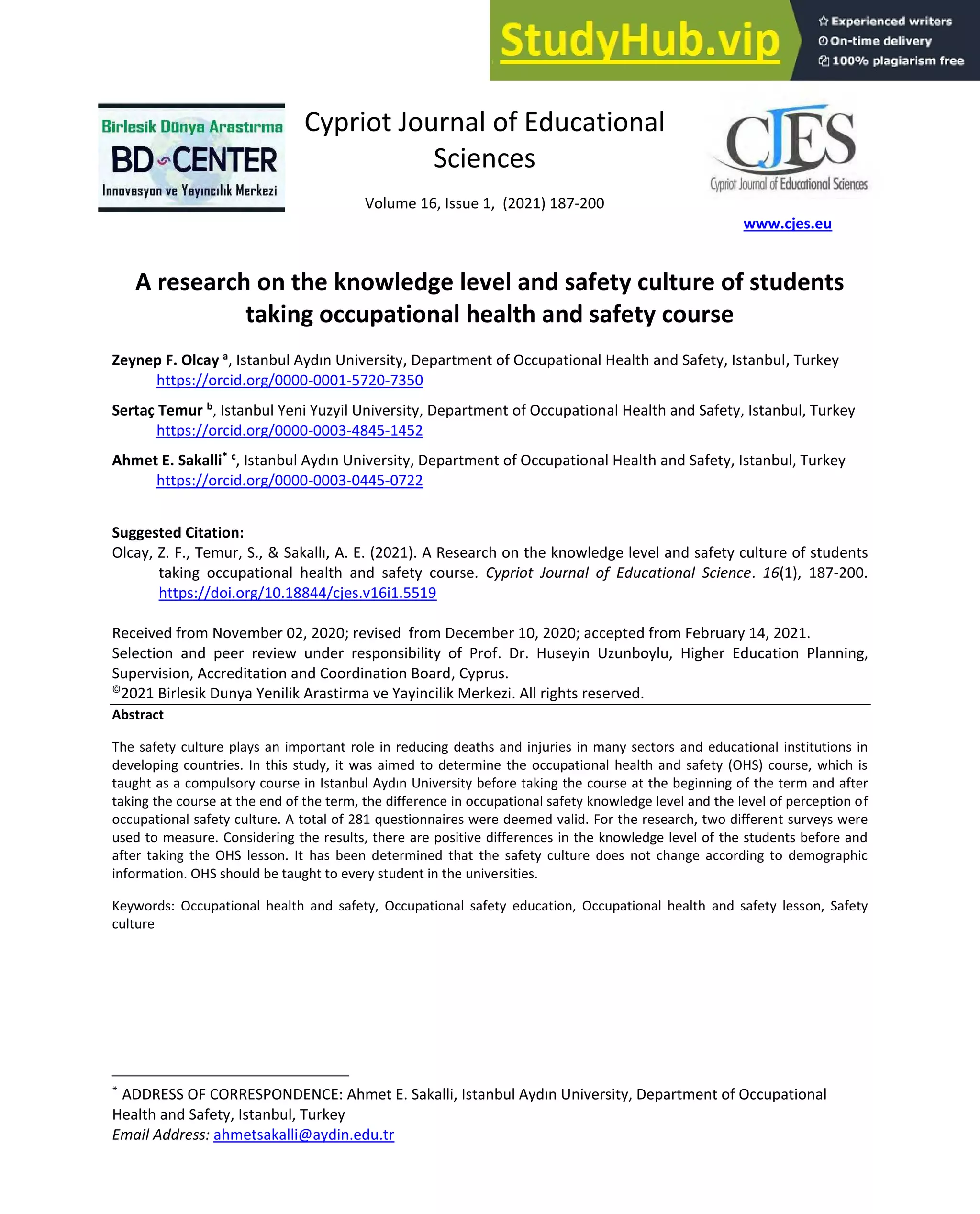 A research on the knowledge level and safety culture of students taking ...