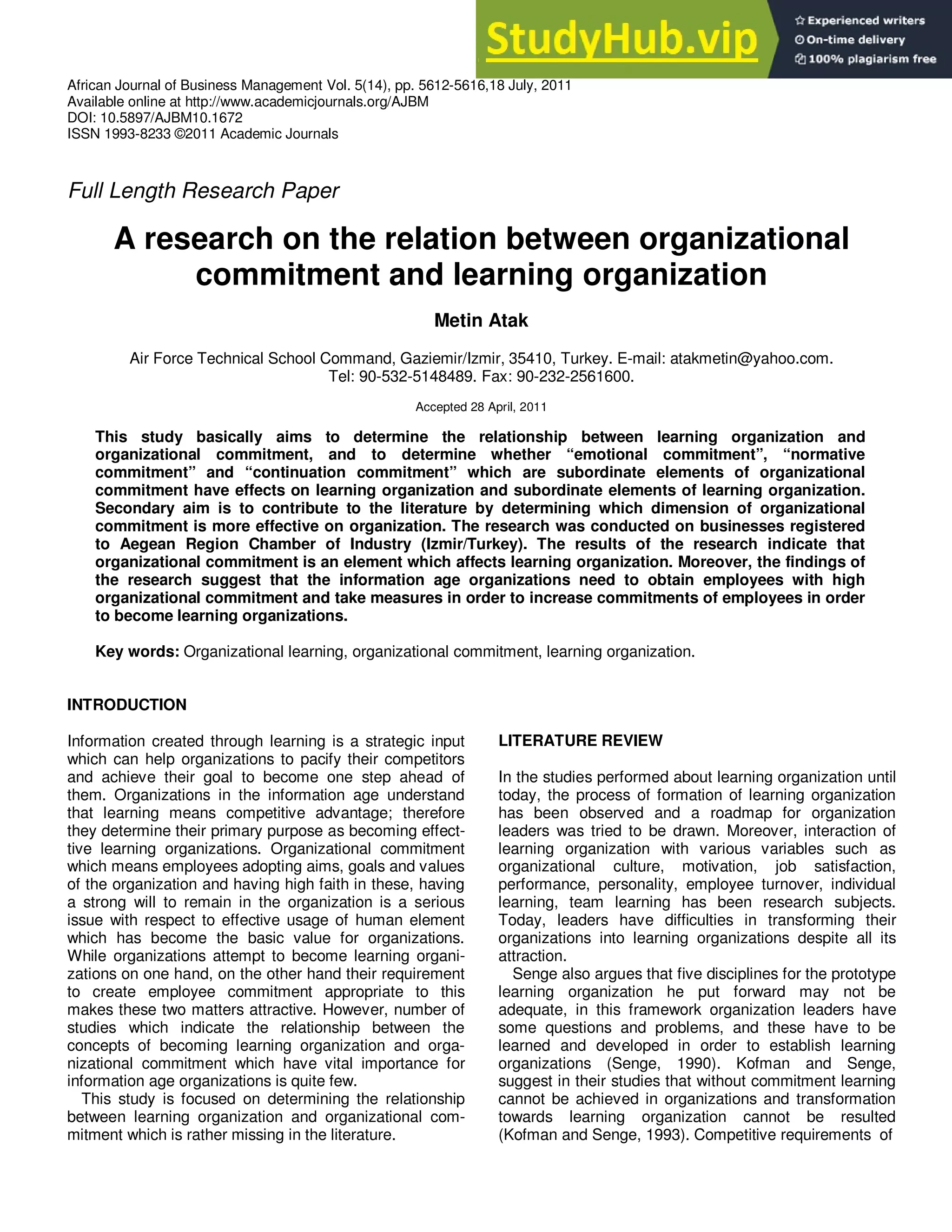 A Research On The Relation Between Organizational Commitment And Learning Organization | PDF