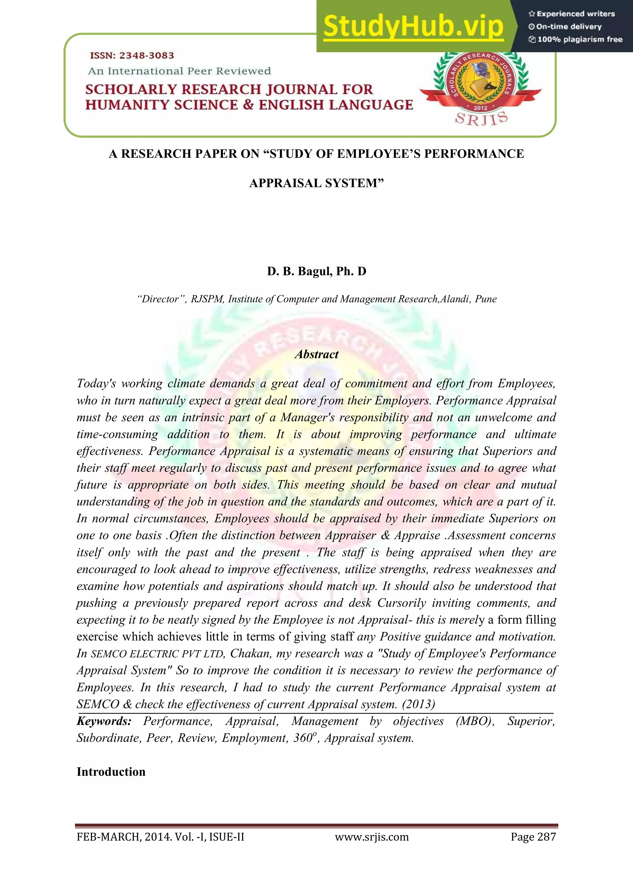 A RESEARCH PAPER ON STUDY OF EMPLOYEE S PERFORMANCE APPRAISAL SYSTEM | PDF