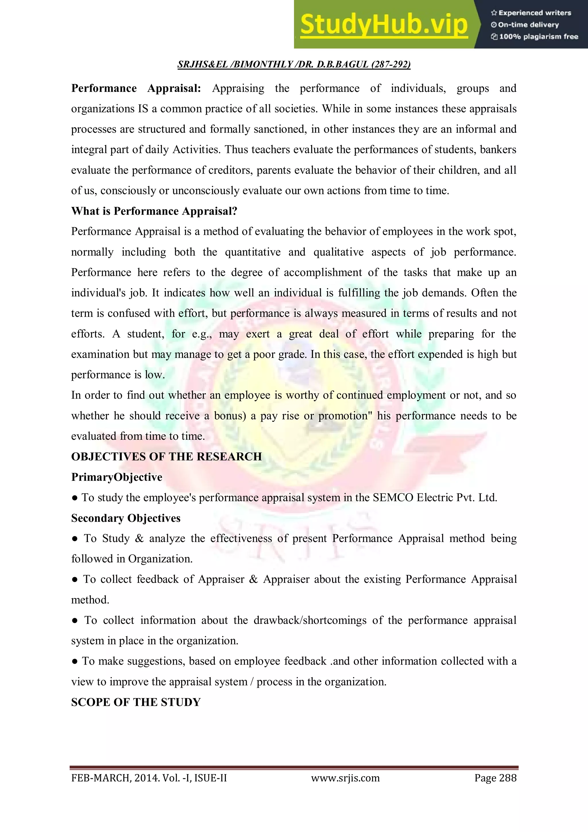 A RESEARCH PAPER ON STUDY OF EMPLOYEE S PERFORMANCE APPRAISAL SYSTEM | PDF