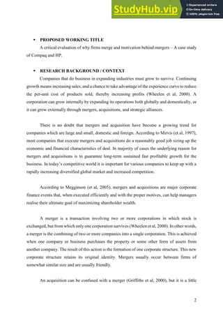 A Research Proposal - Motivation Behind Mergers - A Case Study | PDF