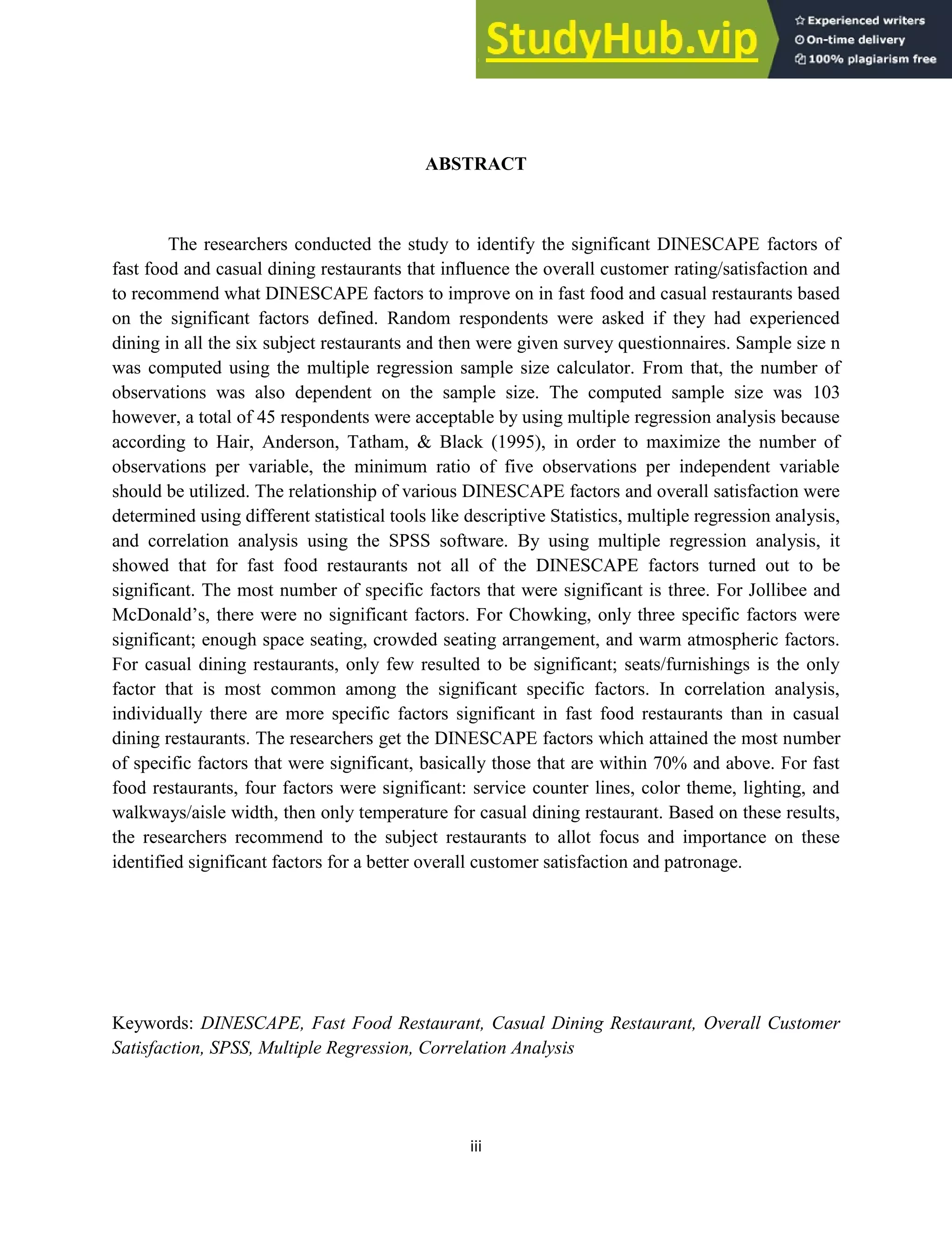 A RESEARCH STUDY ON THE DINESCAPE FACTORS DIFFERENCES BETWEEN LEADING ...