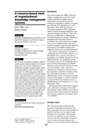 A resource based view of organizational knowledge management systems ...