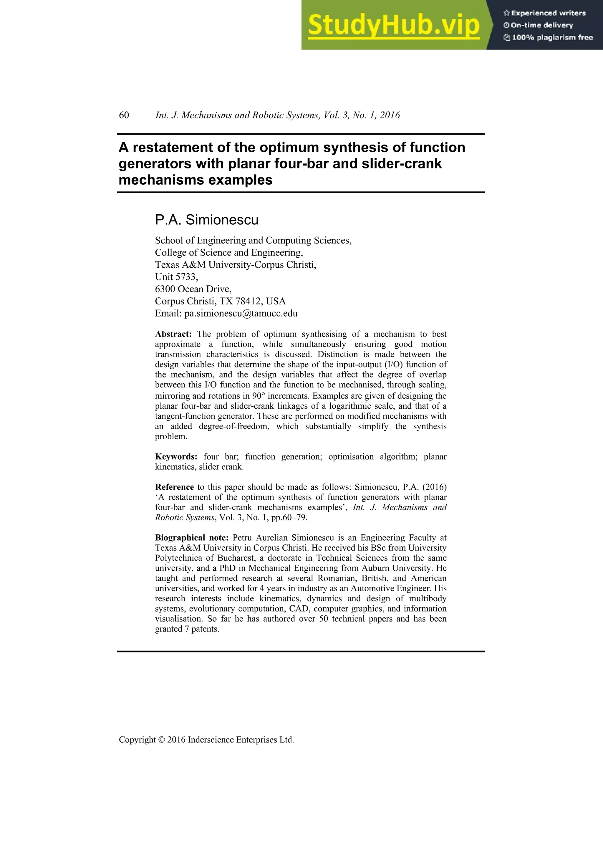 A Restatement Of The Optimum Synthesis Of Function Generators With Planar Four-Bar And Slider ...