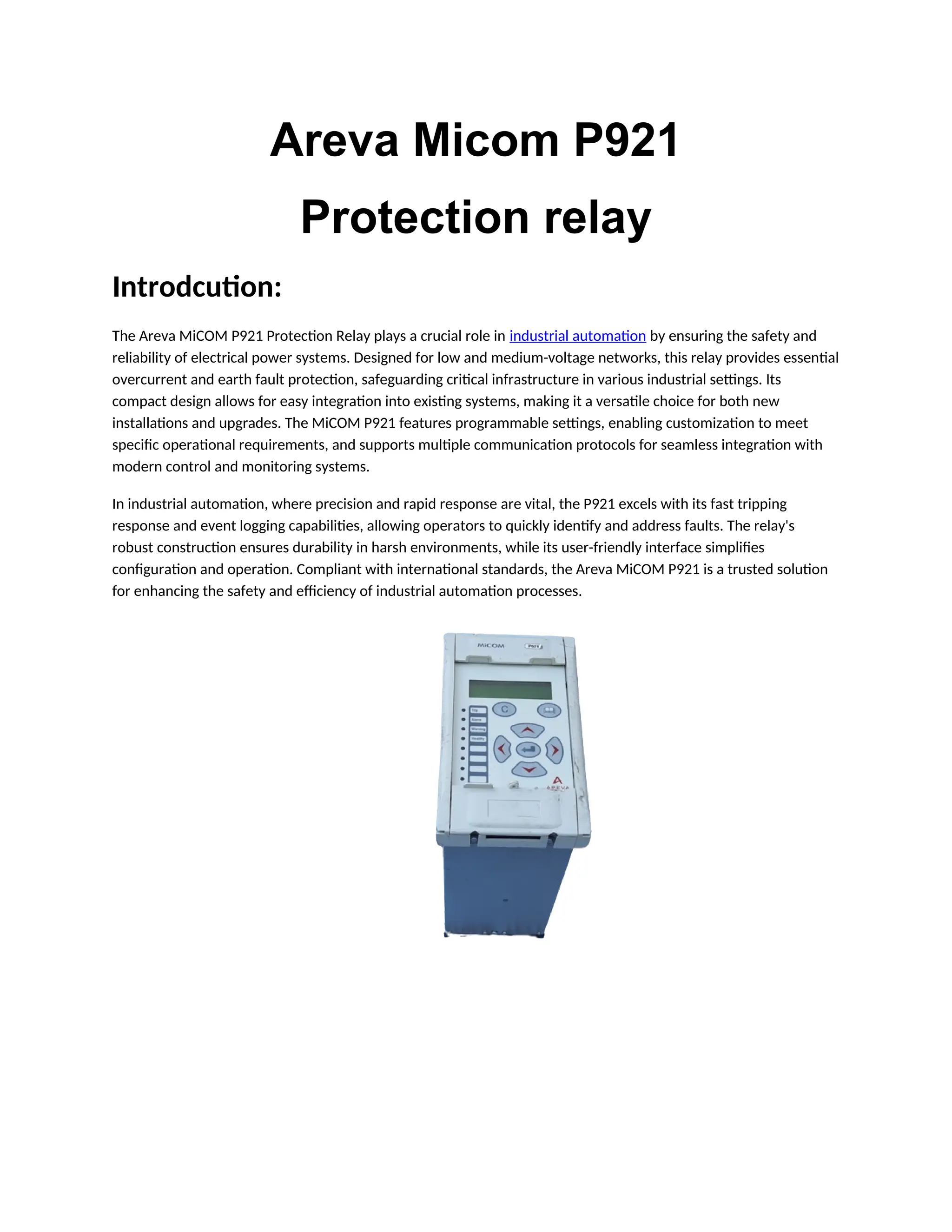 AREVA MiCOM P921 Protection Relay: Technical Specifications and Application Guide | DOCX