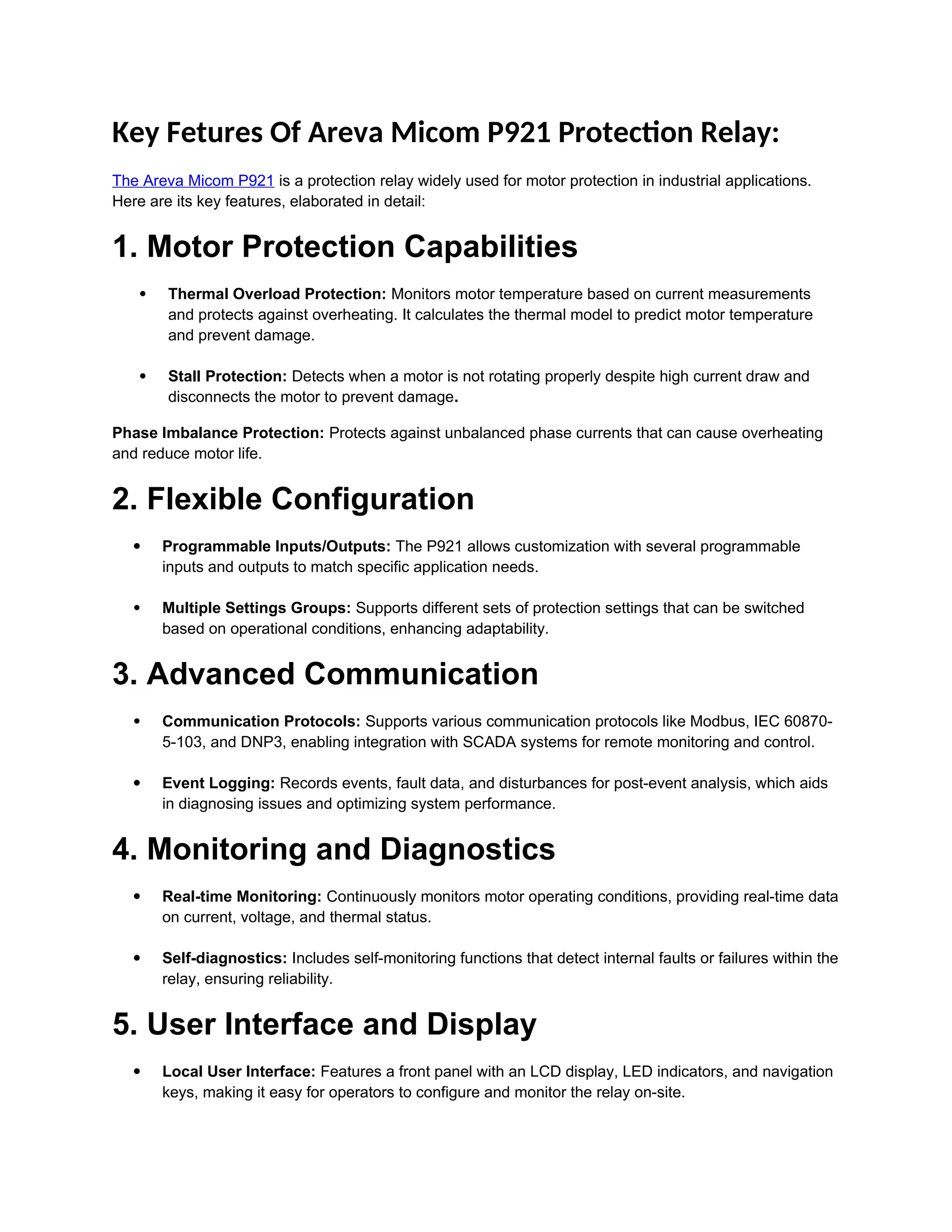 AREVA MiCOM P921 Protection Relay: Technical Specifications and Application Guide | DOCX