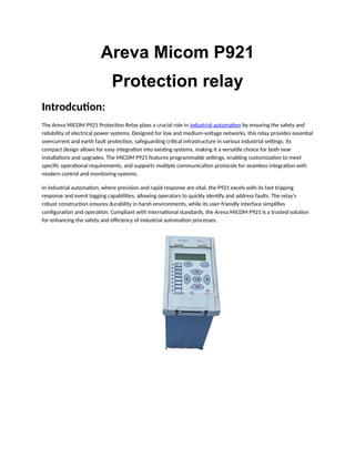 AREVA MiCOM P921 Protection Relay: Technical Specifications and Application Guide | DOCX