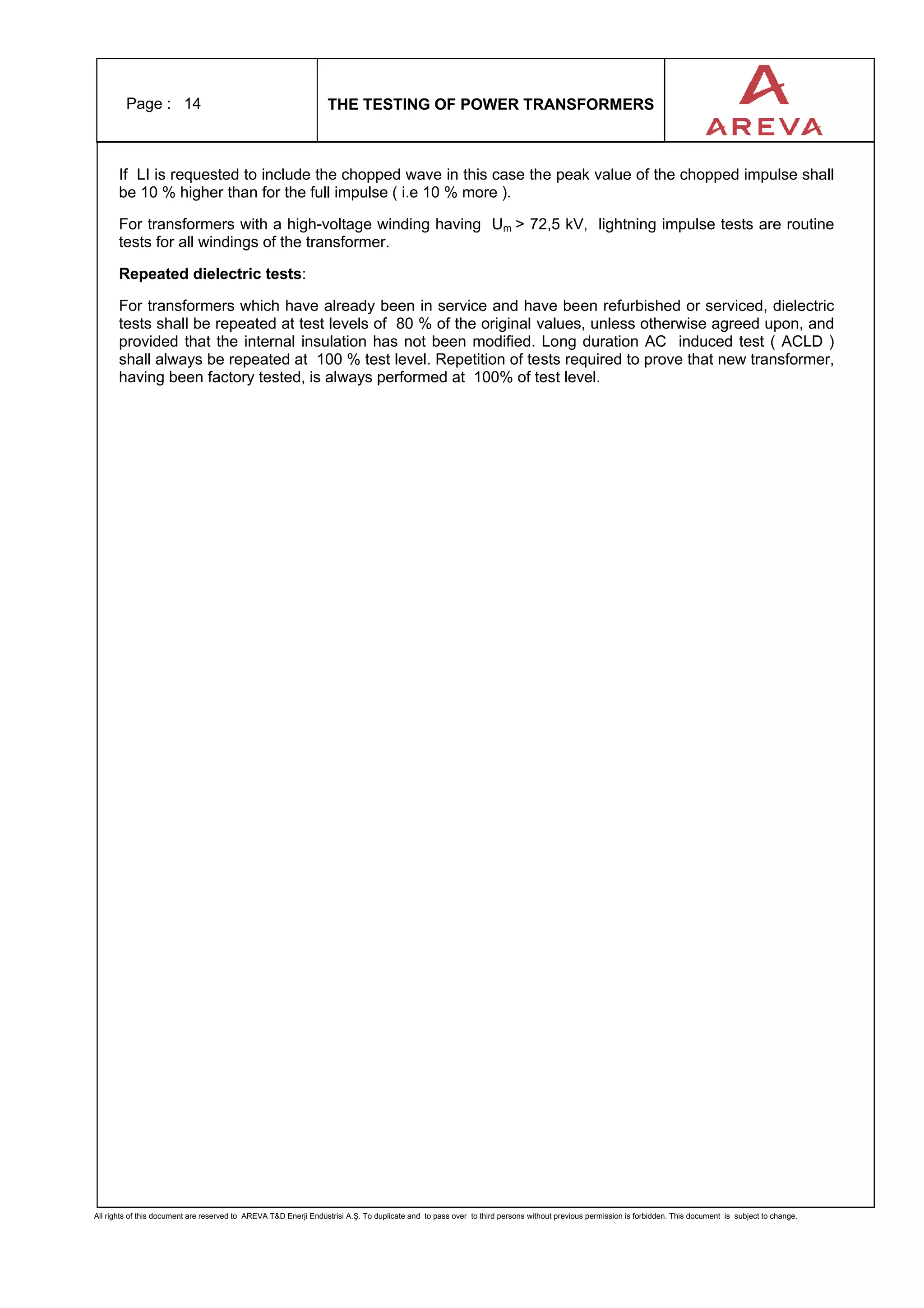 Testing of Transformer (AREVA) | PDF
