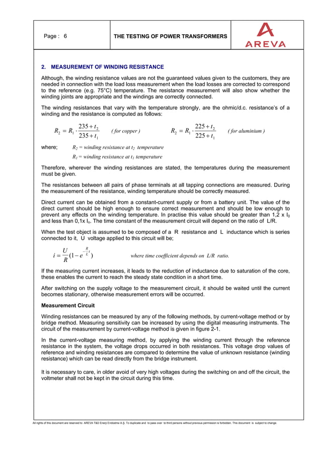 Testing of Transformer (AREVA) | PDF