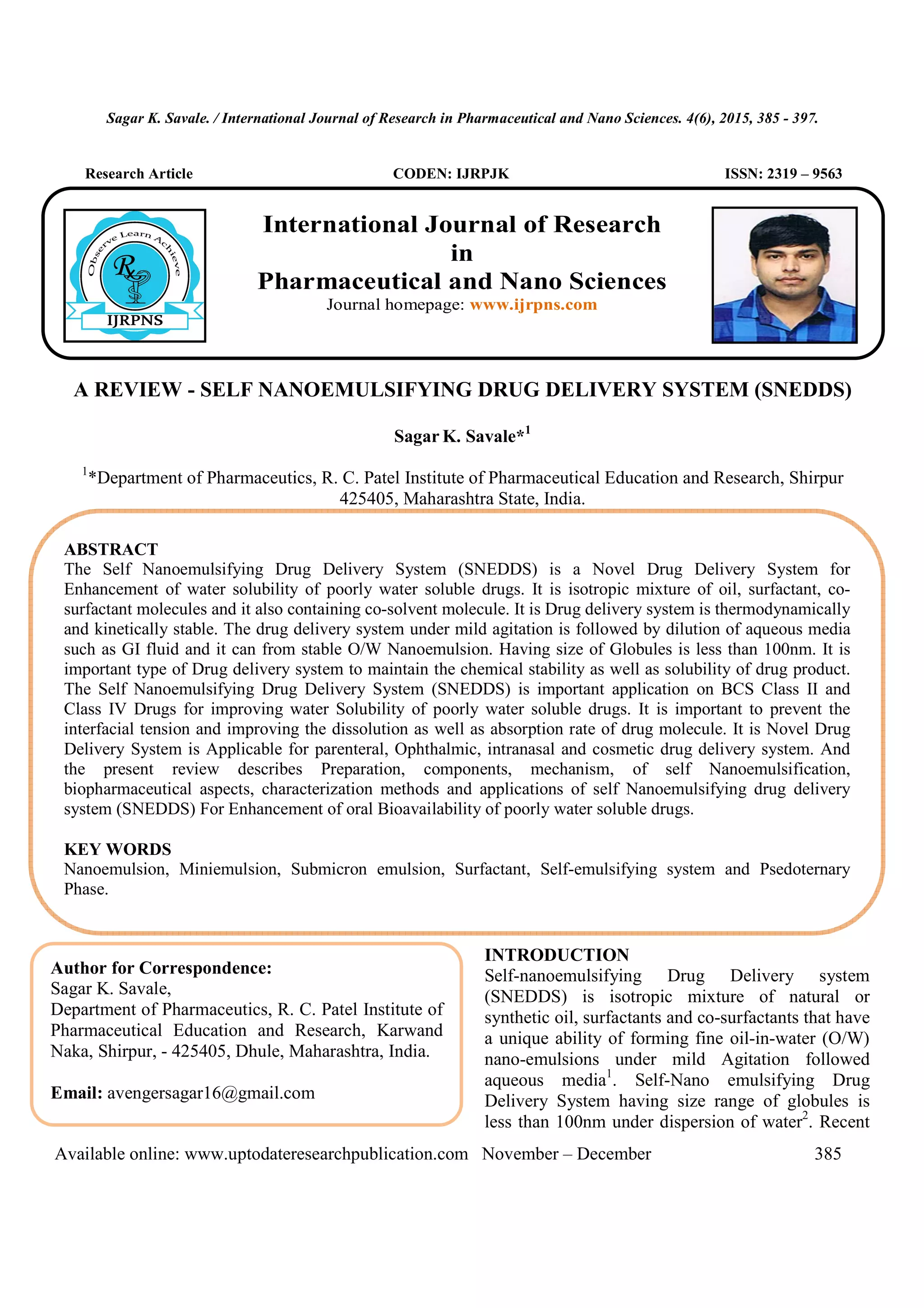 Self Nano-emulsifying drug delivery system (SNEDDS) | PDF