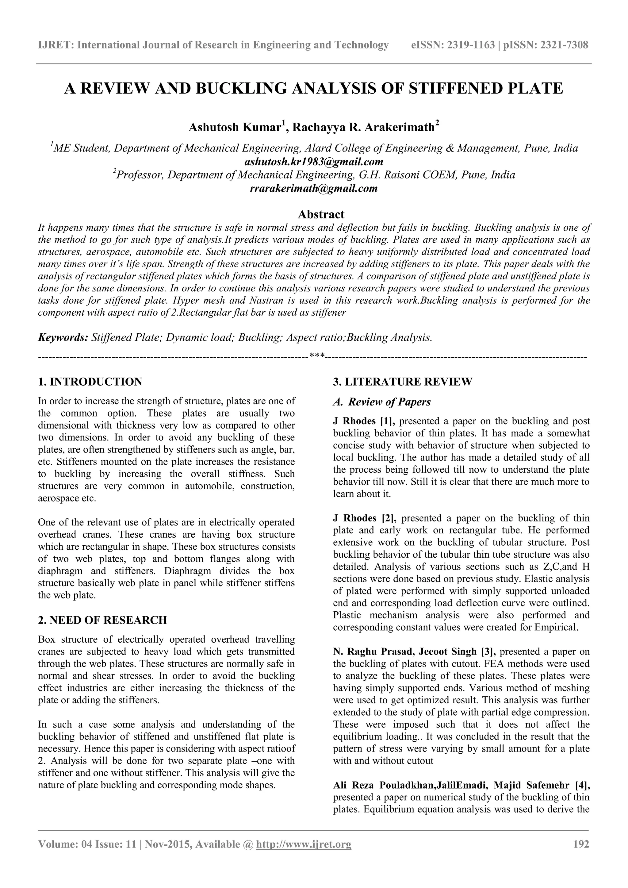 A review and buckling analysis of stiffened plate | PDF