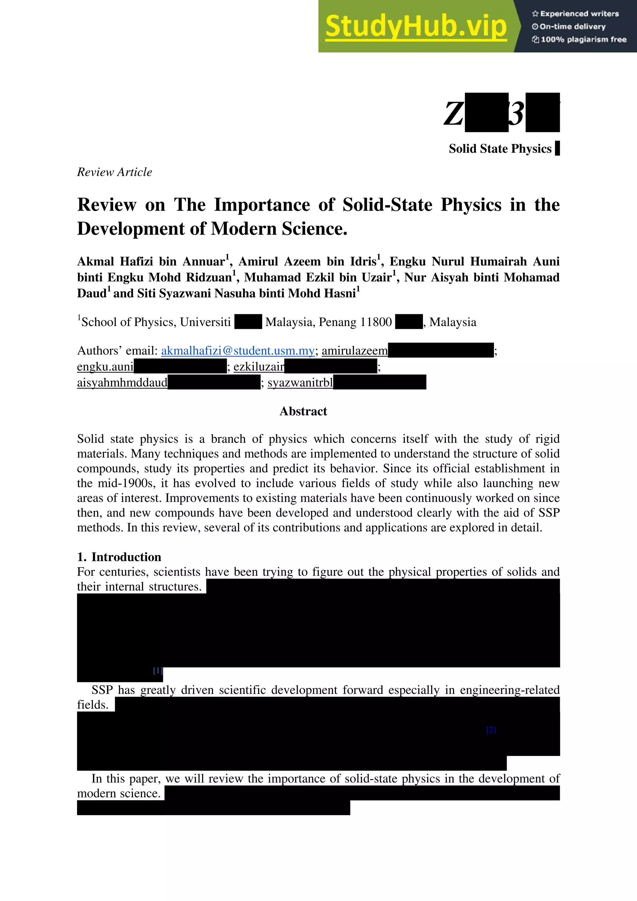 A Review Article On The Roles Of Solid State Physics In The Modern ...