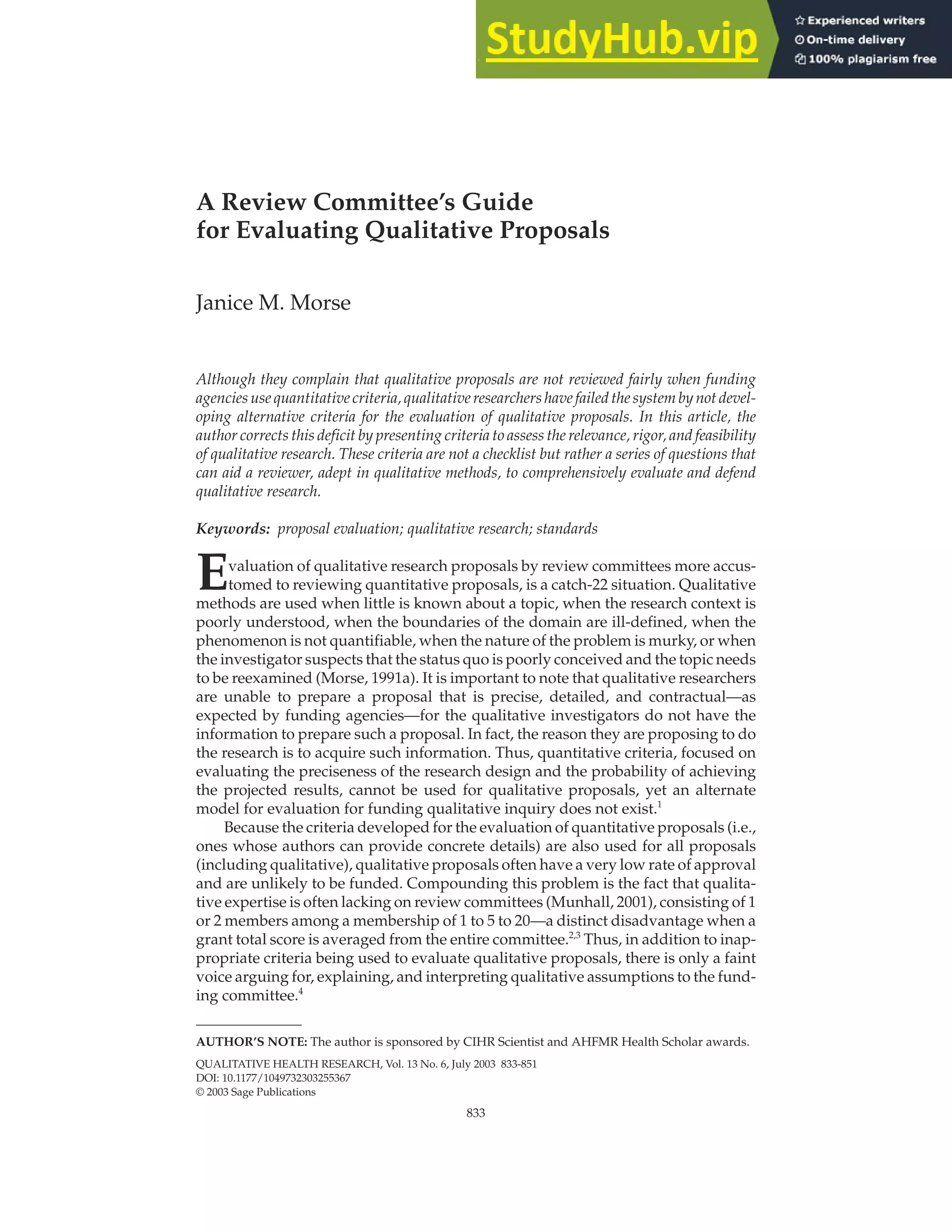 A Review Committee S Guide For Evaluating Qualitative Proposals | PDF
