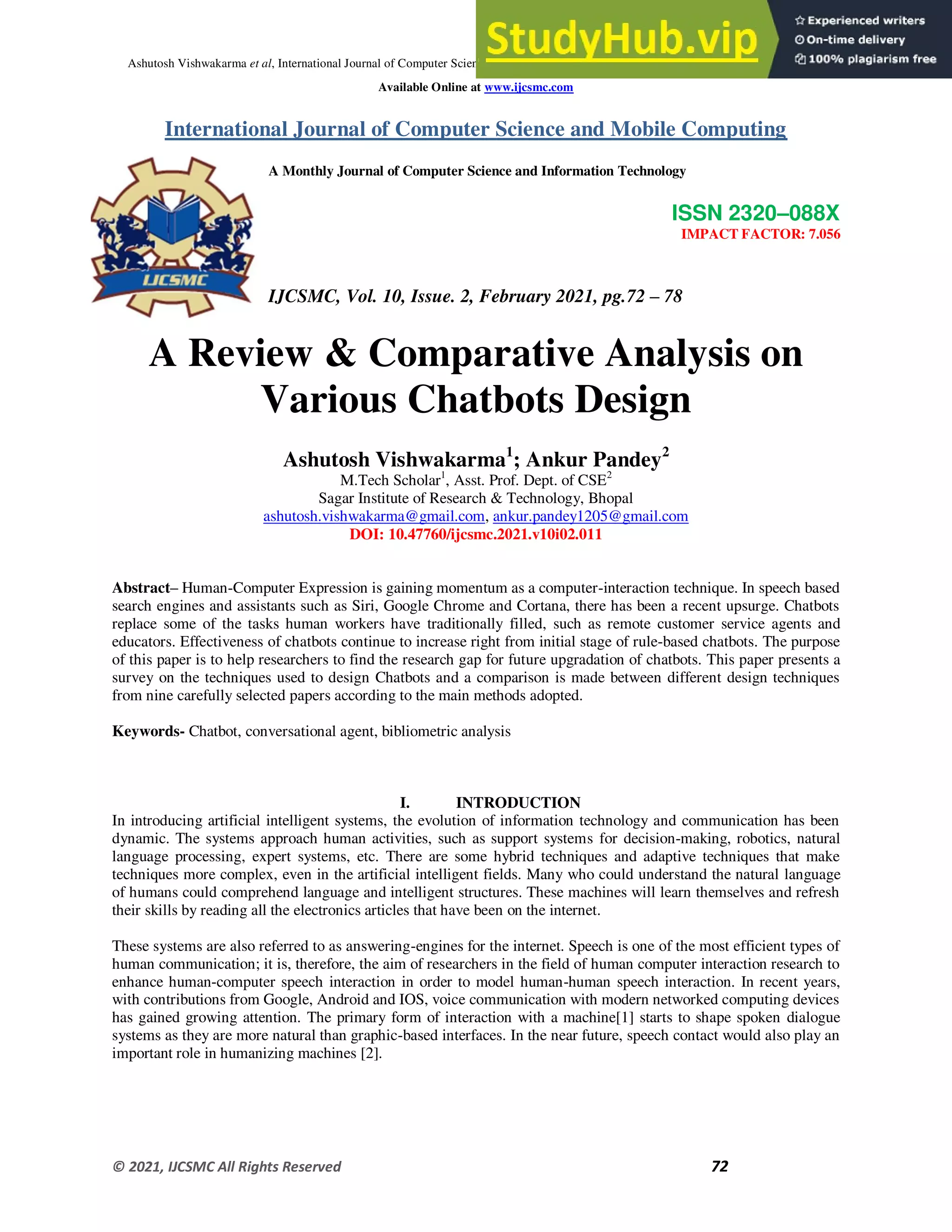 A Review Comparative Analysis On Various Chatbots Design | PDF