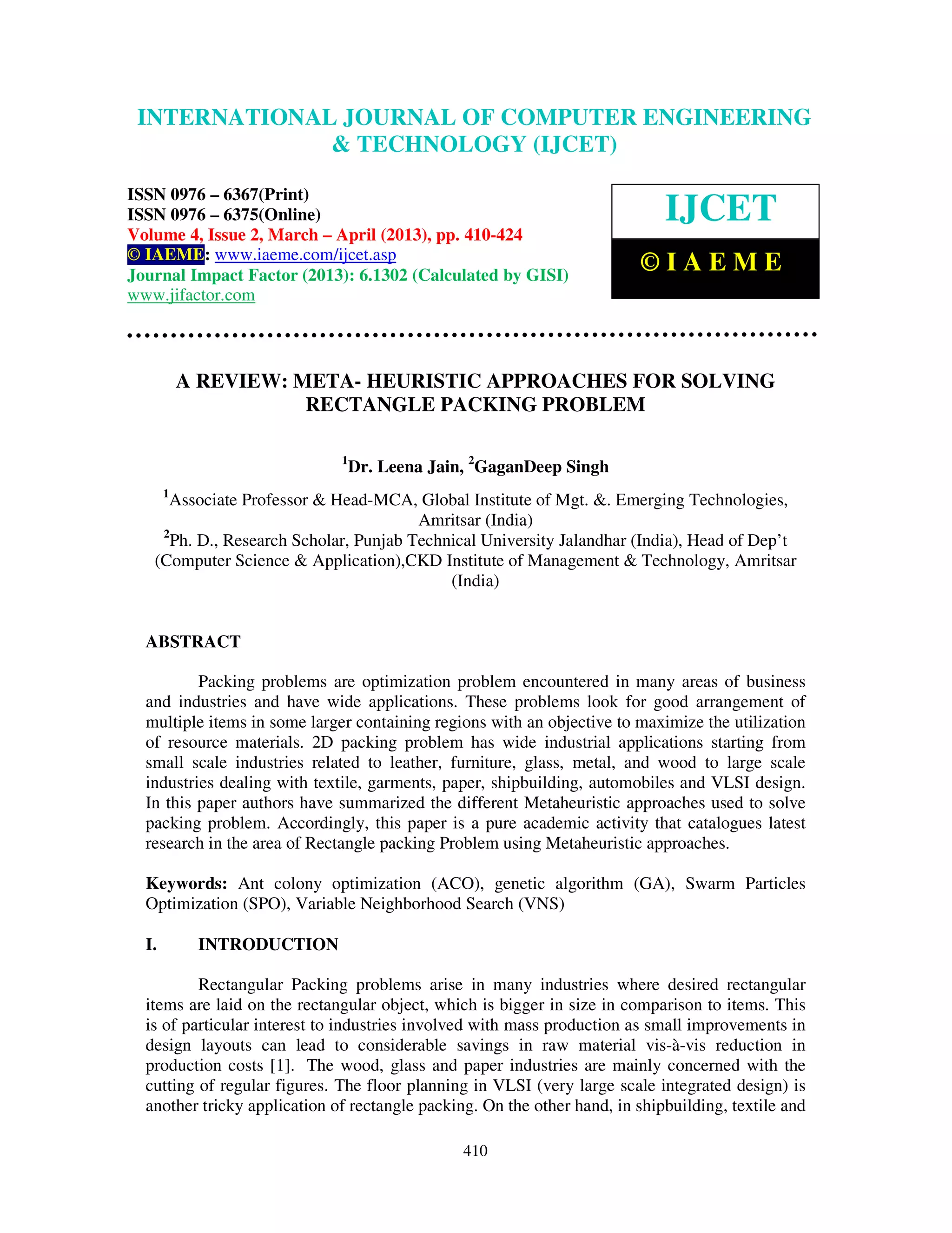 A Review Meta Heuristic Approaches For Solving Rectangle Packing Problem Pdf