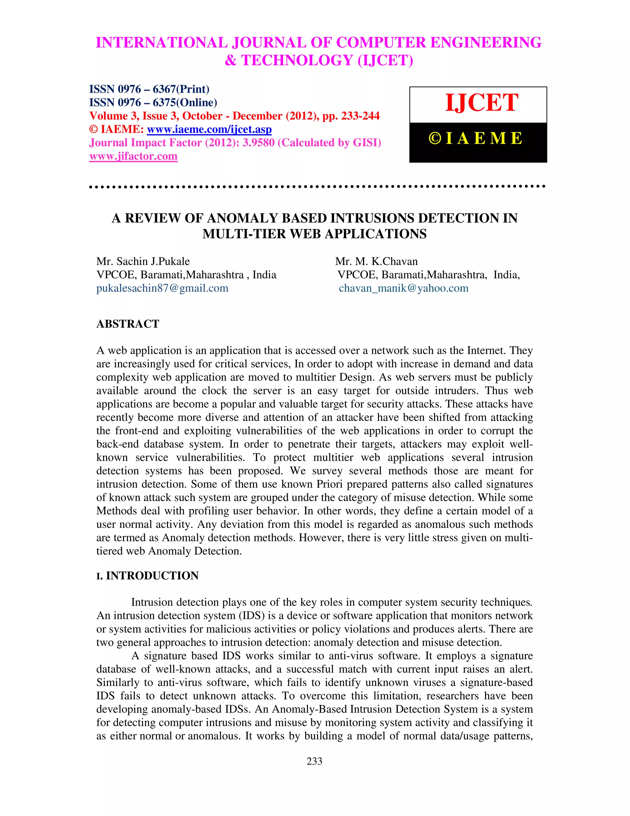 A Review Of Anomaly Based Intrusions Detection In Multi Tier Web Applications Pdf