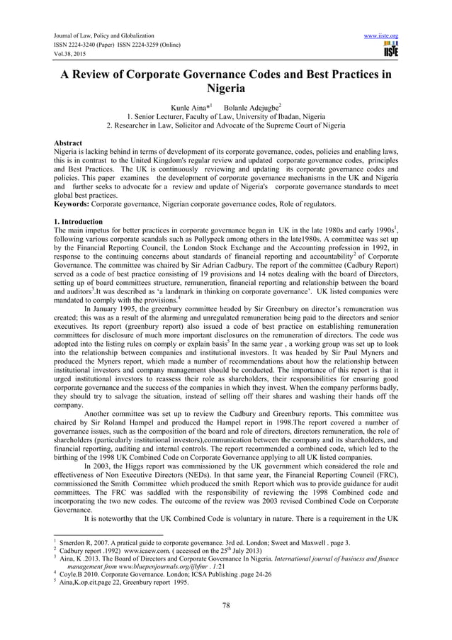 A review of corporate governance codes and best practices in | PDF