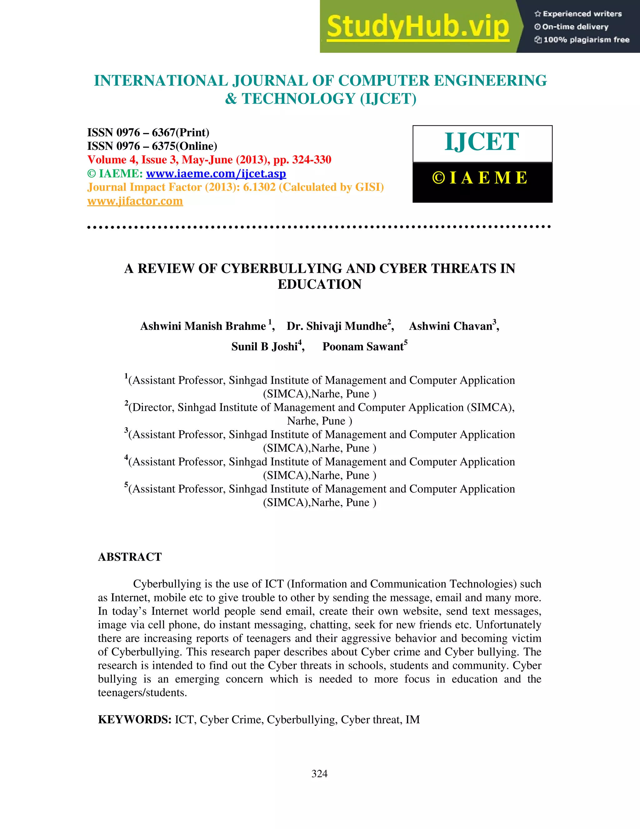 A REVIEW OF CYBERBULLYING AND CYBER THREATS IN EDUCATION 2 | PDF