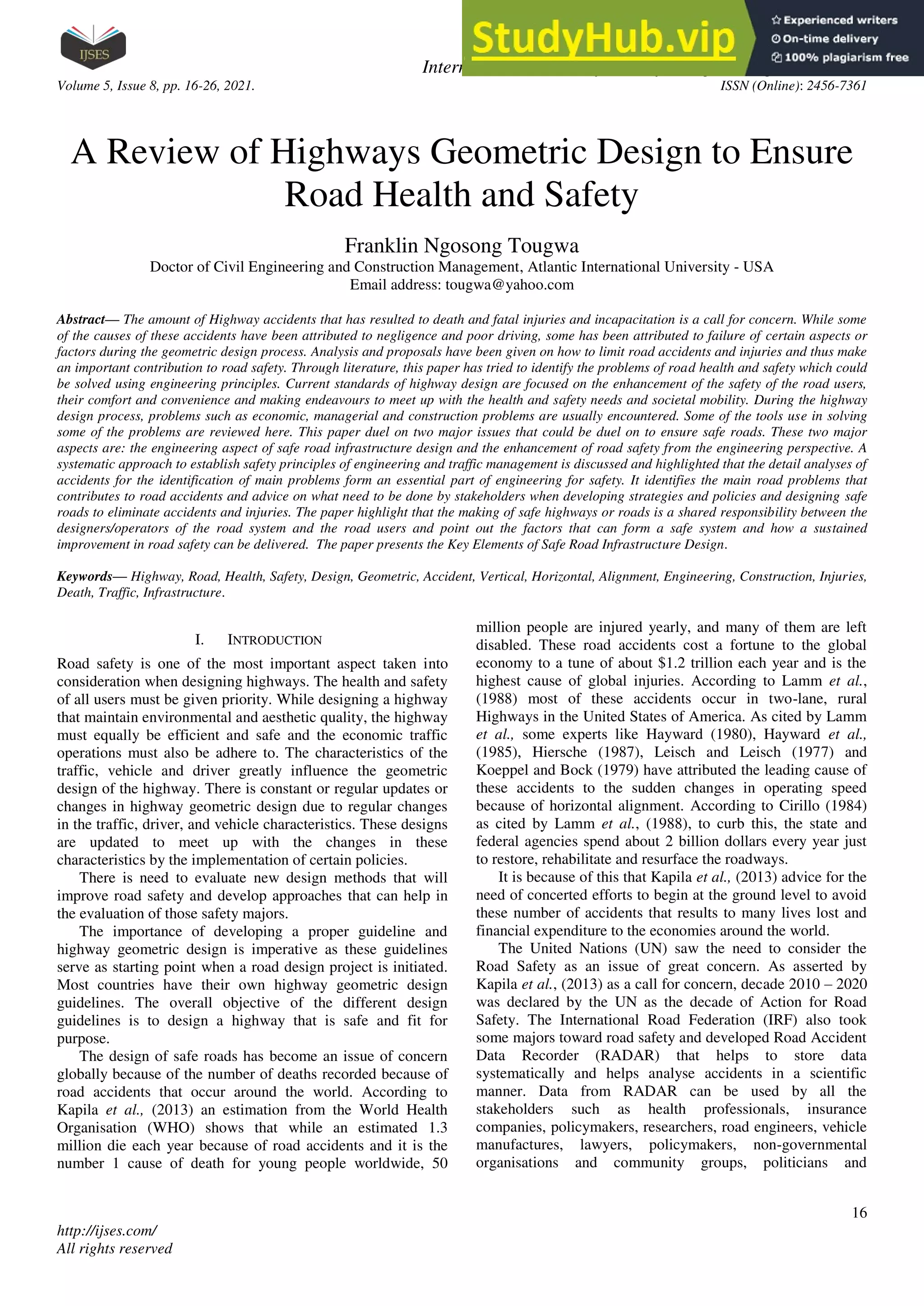 A Review Of Highways Geometric Design To Ensure Road Health And Safety ...