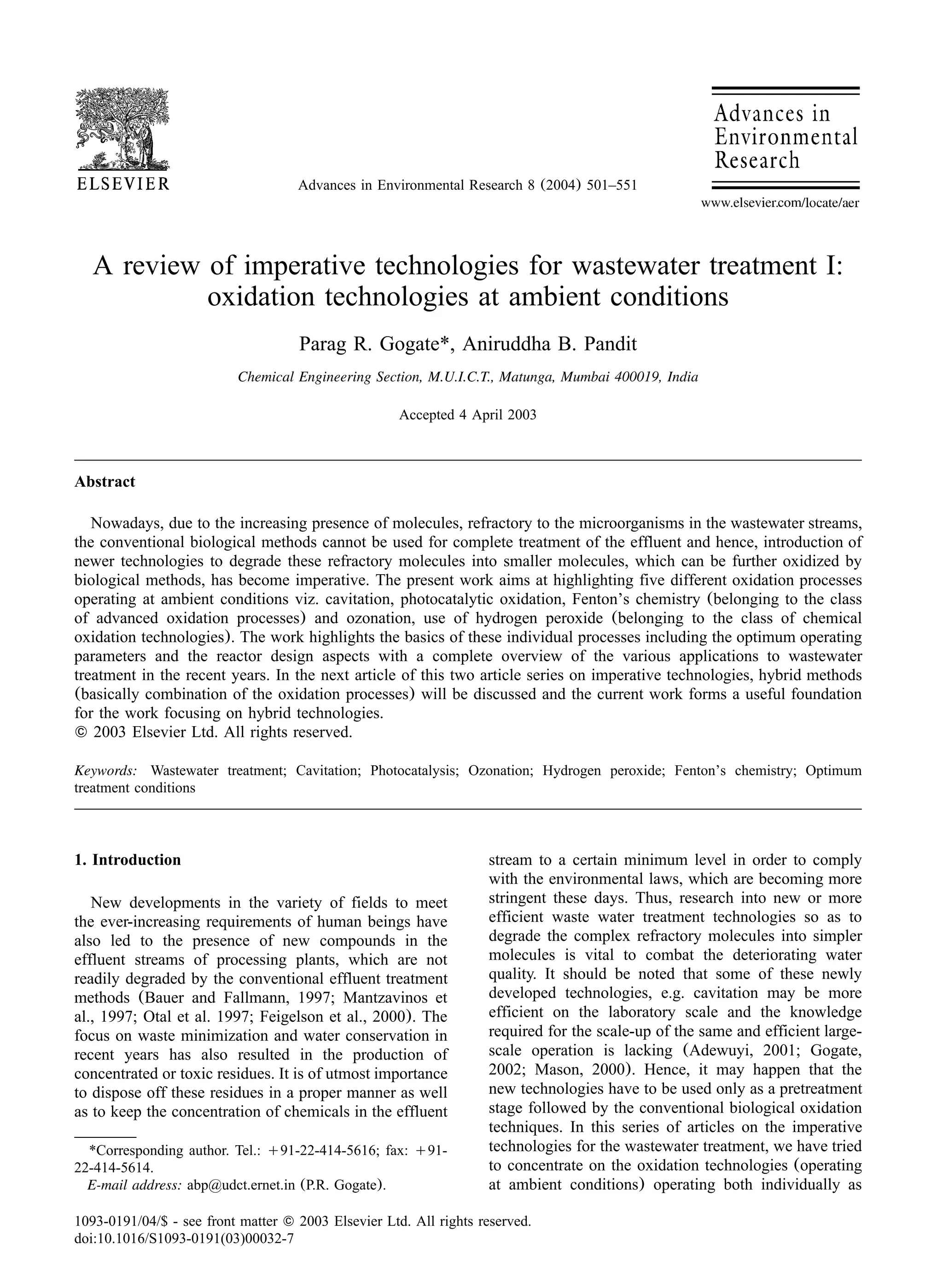 A review of imperative technologies for for waste water tratament 1 | PDF