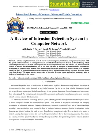 A Review Of Intrusion Detection System In Computer Network | PDF