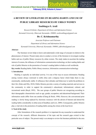 A Review Of Literature On Reading Habits And Use Of Public Library ...
