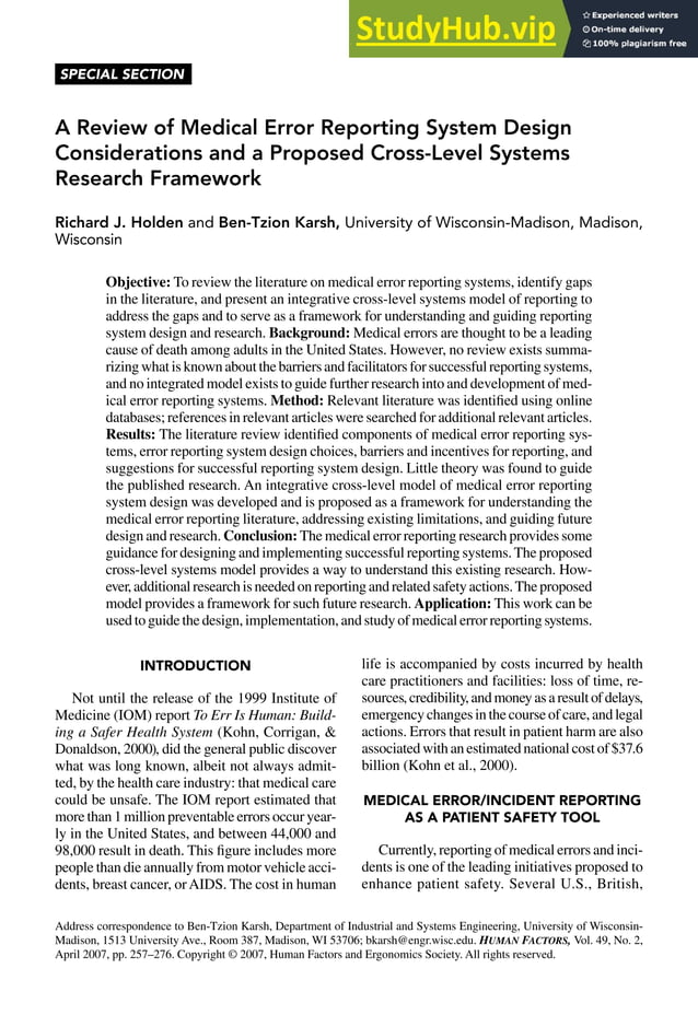 A Review Of Medical Error Reporting System Design Considerations And A ...