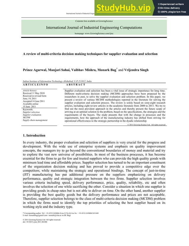 A Review Of Multi Criteria Decision Making Techniques For Supplier Evaluation And Selection Pdf