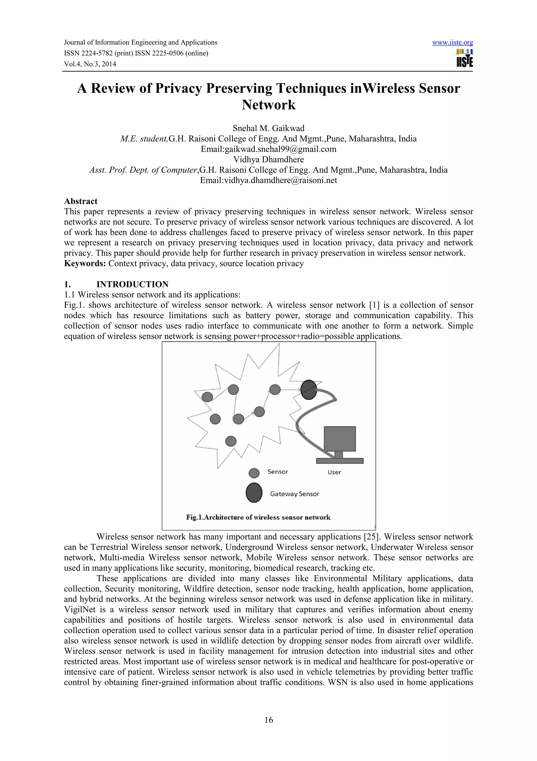 A review of privacy preserving techniques in wireless sensor network | PDF