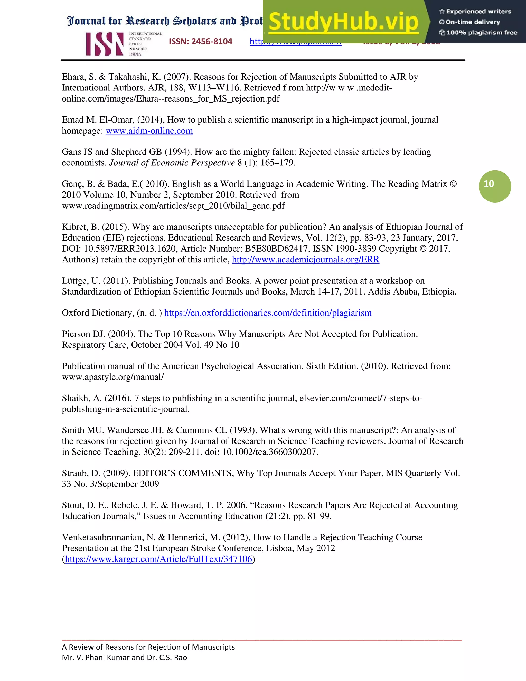 A Review Of Reasons For Rejection Of Manuscripts | PDF