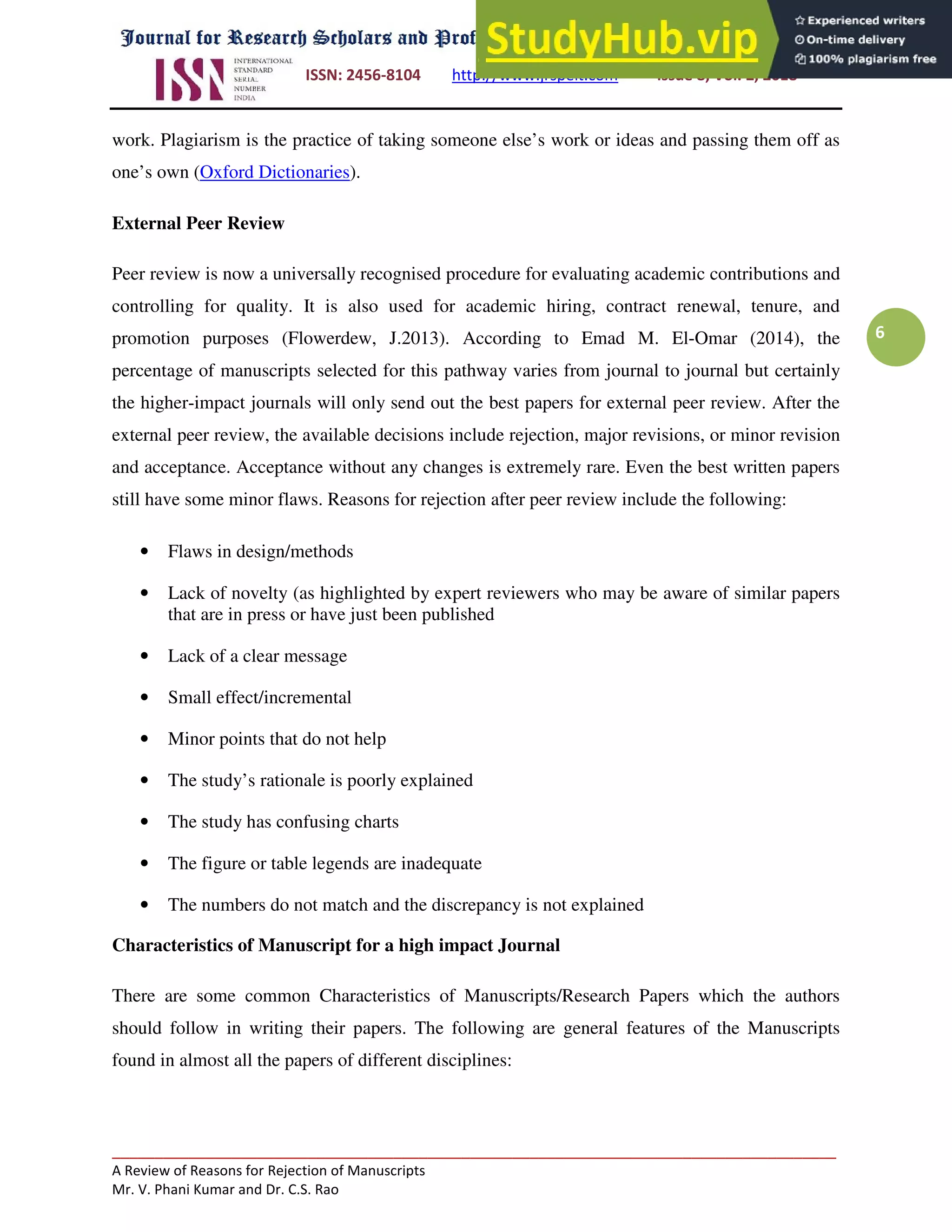 A Review Of Reasons For Rejection Of Manuscripts | PDF