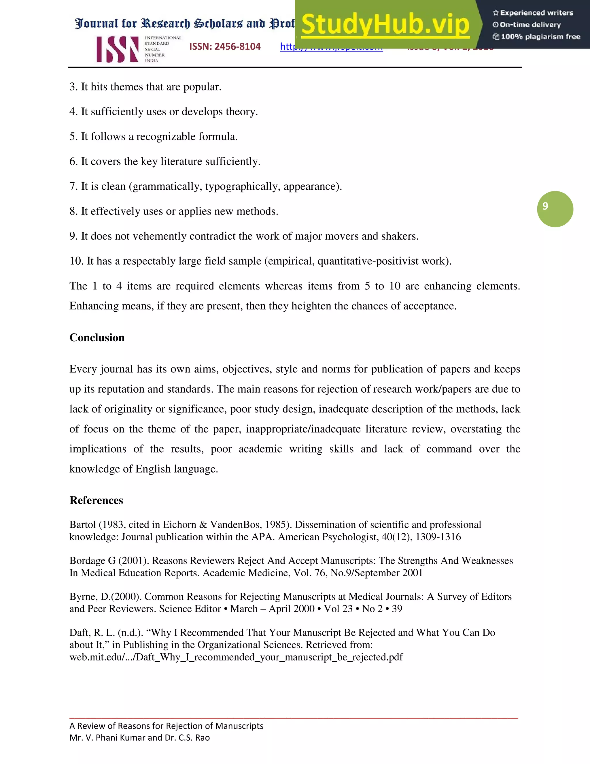 A Review Of Reasons For Rejection Of Manuscripts | PDF