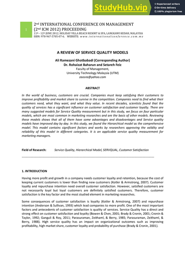A REVIEW OF SERVICE QUALITY MODELS | PDF