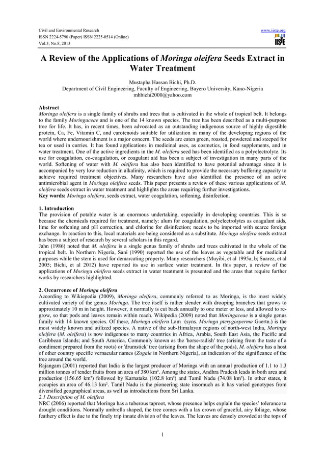 A review of the applications of moringa oleifera seeds extract in water treatment | PDF ...