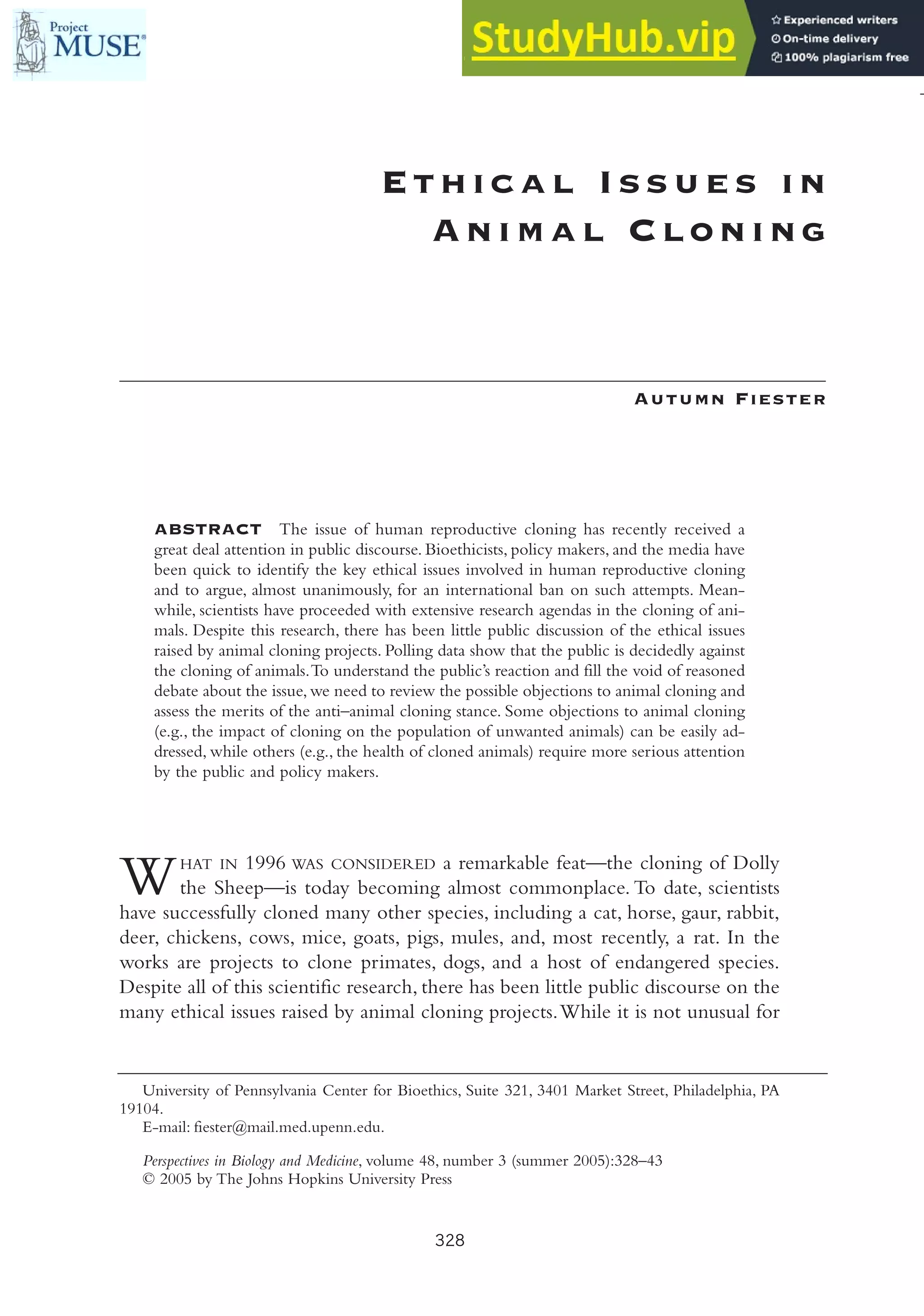 A Review Of The Ethical Issues In Animal Cloning | PDF