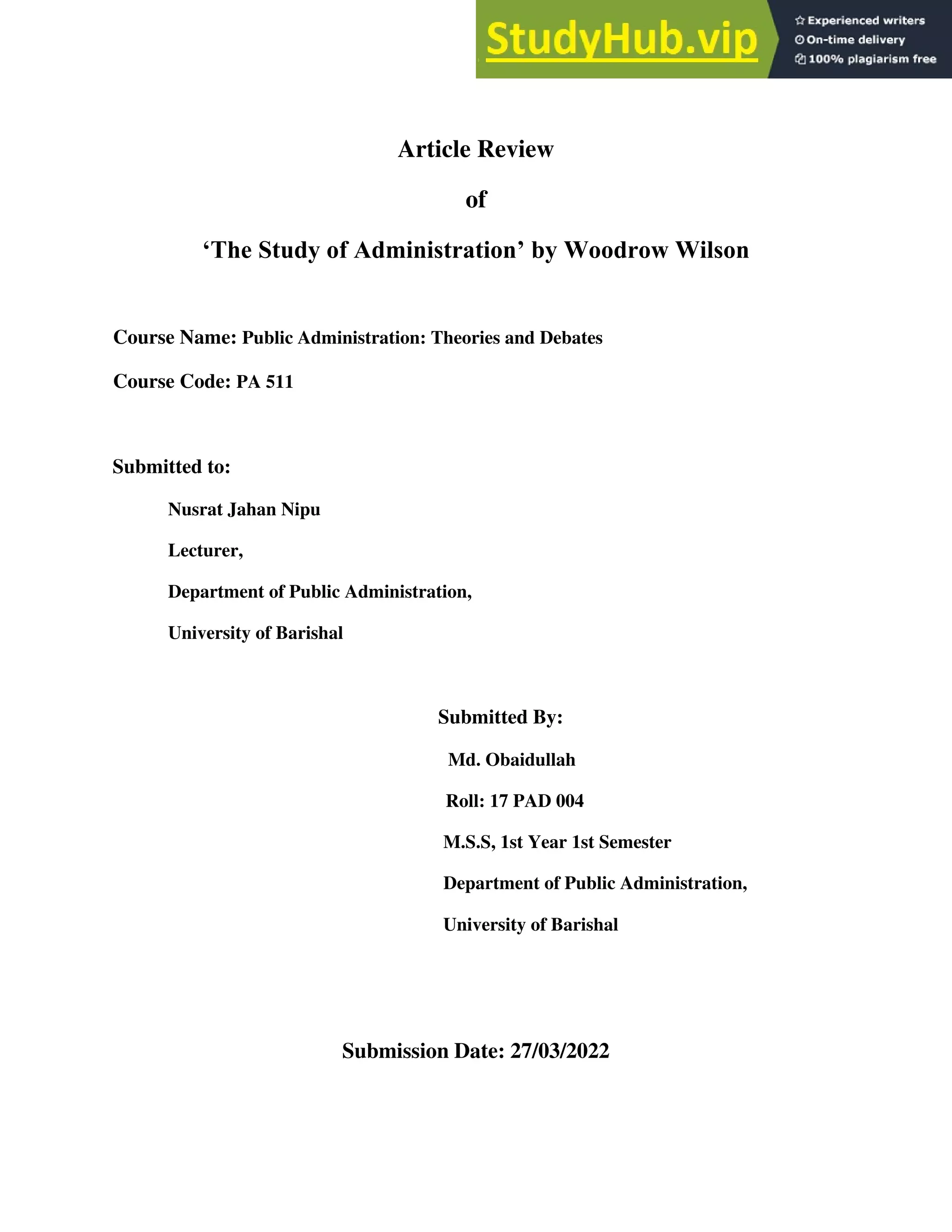 A Review Of The Study Of Administration By Woodrow Wilson | PDF