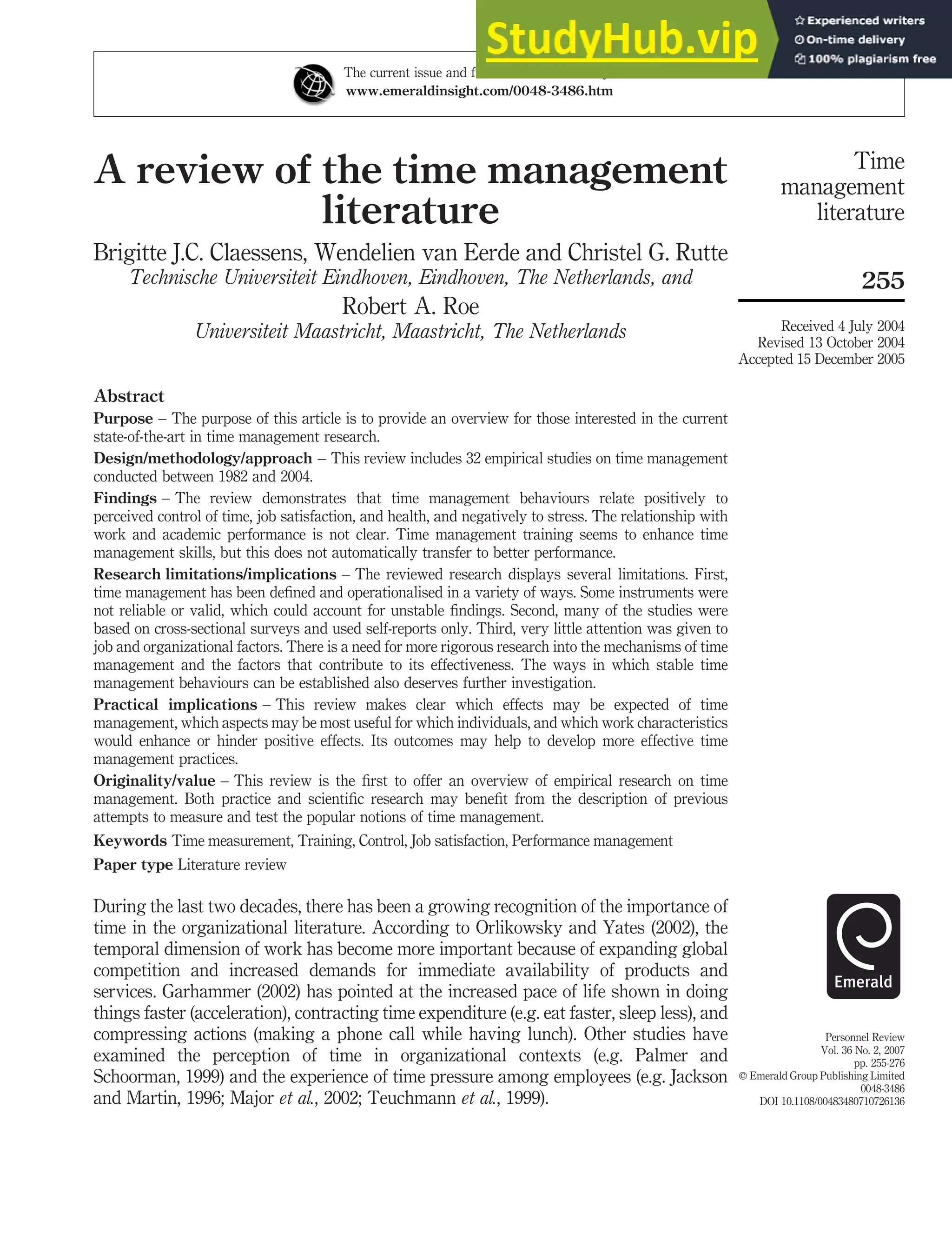 A Review Of The Time Management Literature | PDF