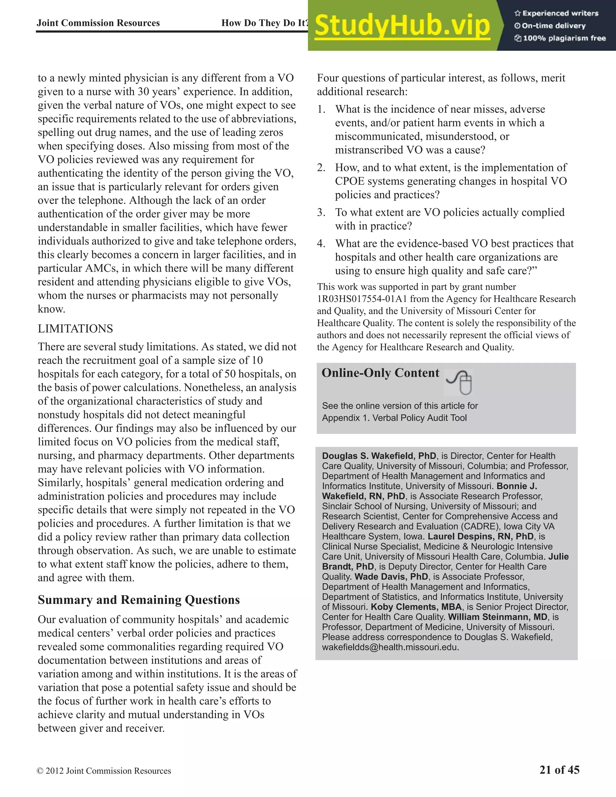 A Review Of Verbal Order Policies In Acute Care Hospitals | PDF