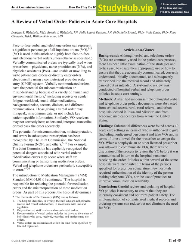 A Review Of Verbal Order Policies In Acute Care Hospitals | PDF ...
