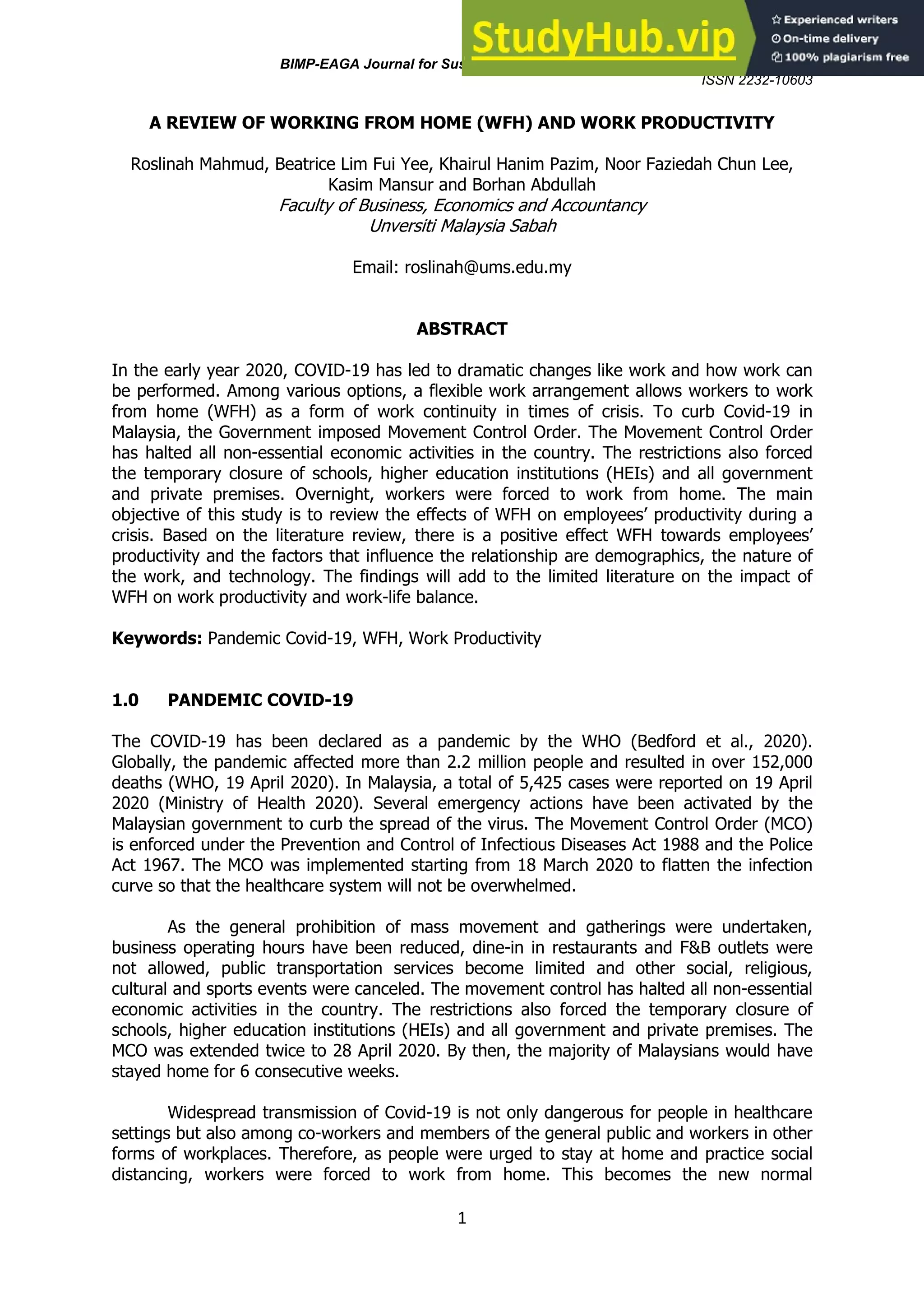 A Review Of Working From Home (WFH) And Work Productivity | PDF