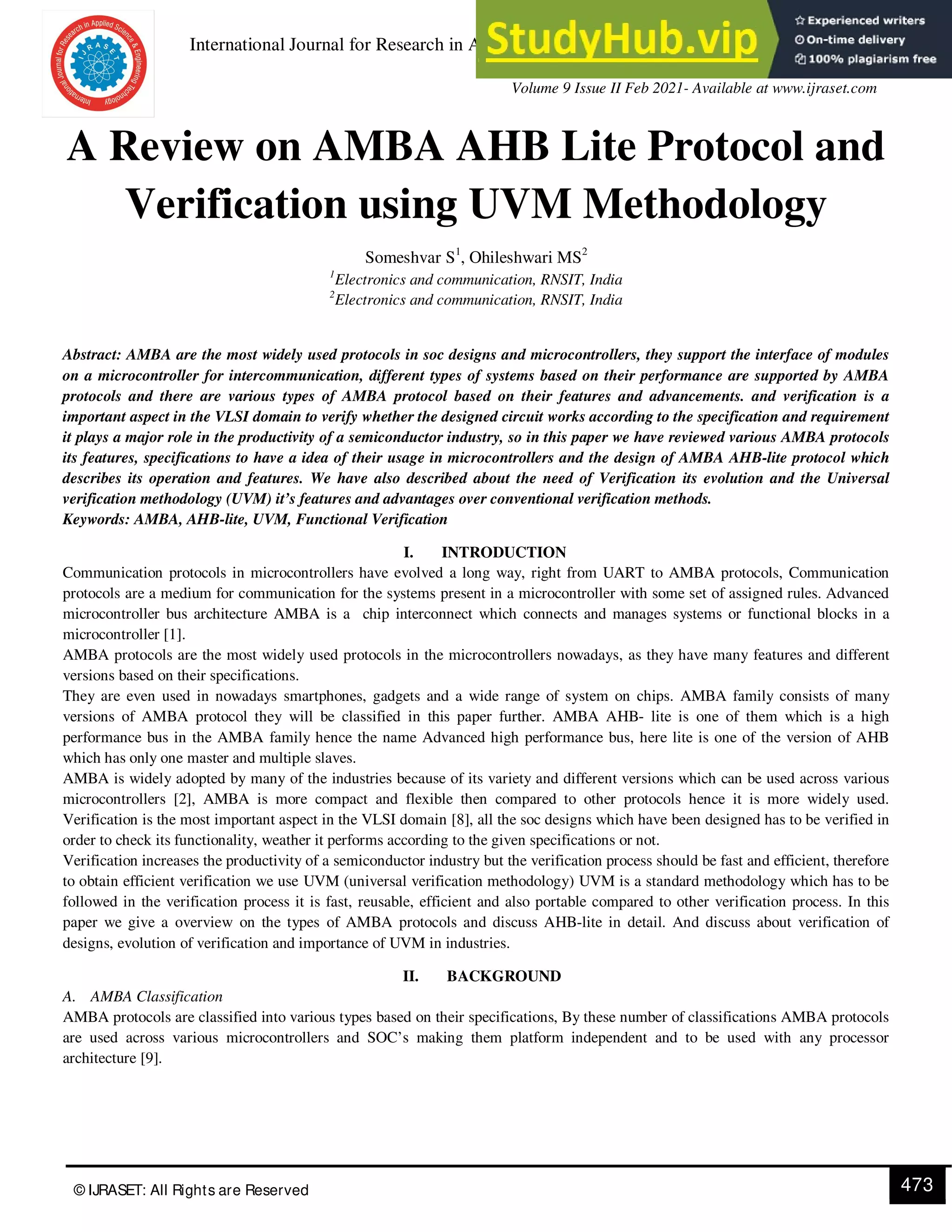 A Review On Amba Ahb Lite Protocol And Verification Using Uvm 5544