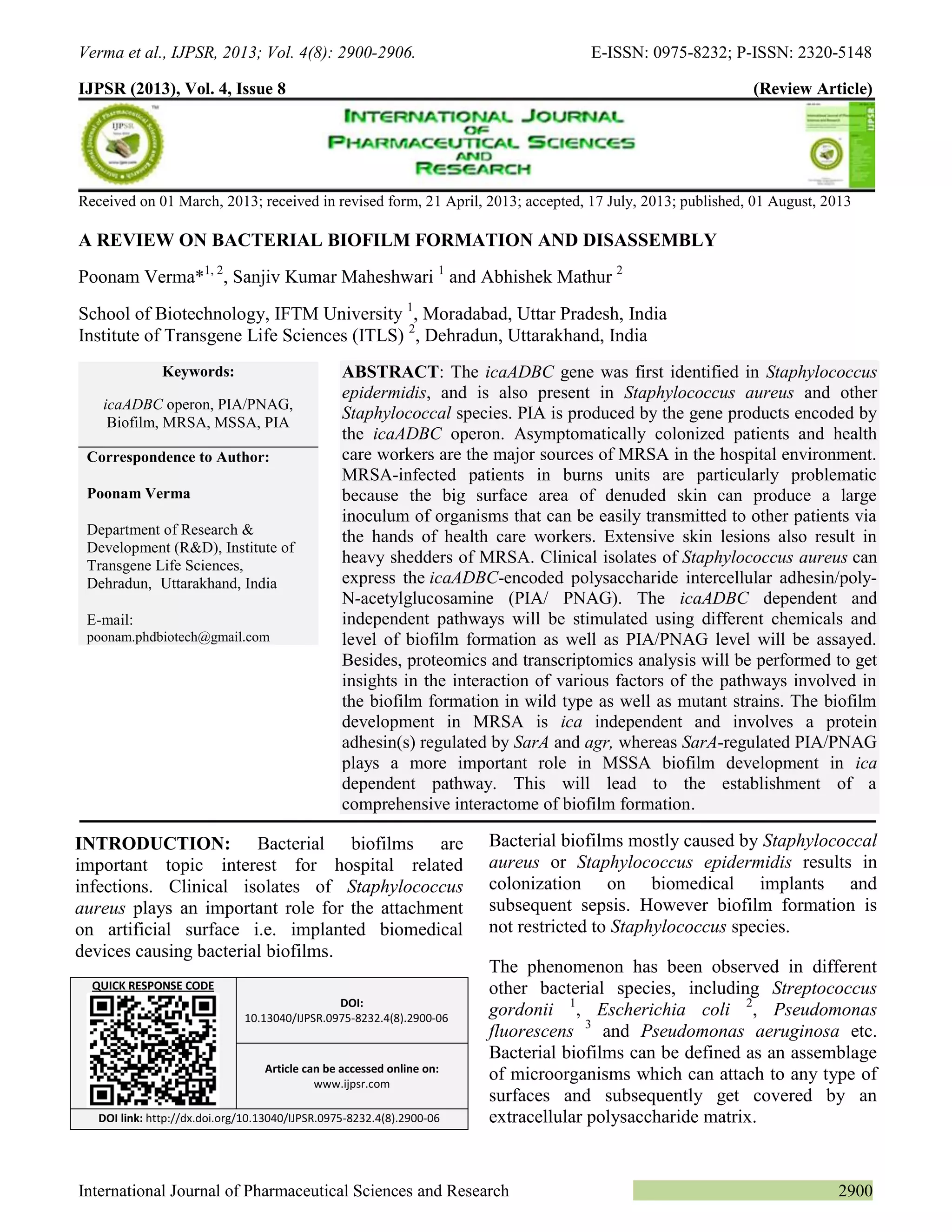 A review on bacterial biofilm formation and disassembly | PDF